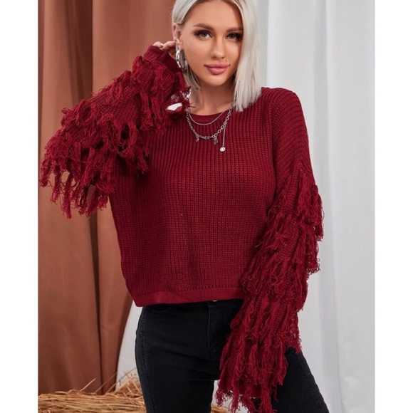 Sweaters | Red Fringe Knit Sweater | Poshmark